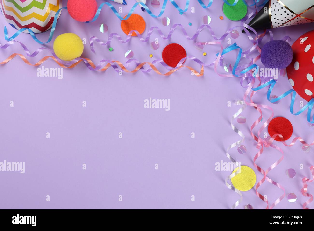 Flat lay composition with colorful serpentine streamers and confetti on ...