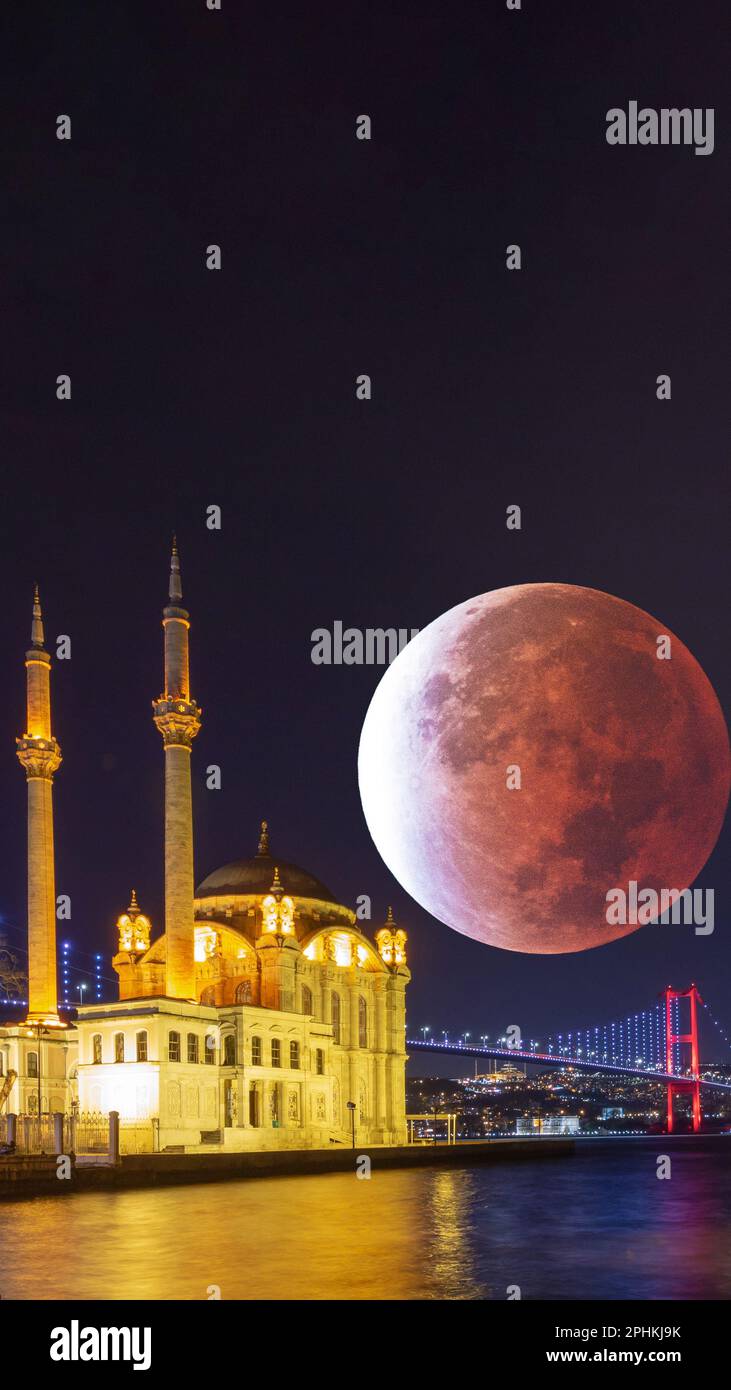 Ortakoy Mosque and lunar eclipse. Islamic or ramadan or laylat al-qadr ...