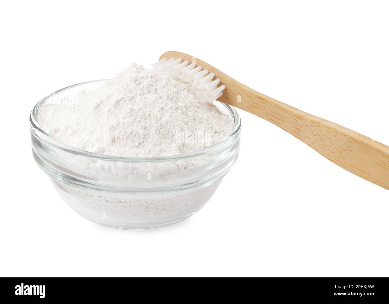 Glass bowl of tooth powder and brush on white background Stock Photo ...