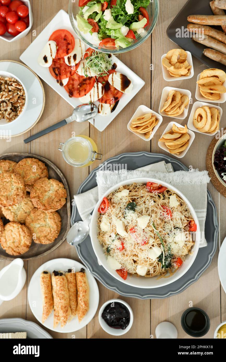 Brunch table setting with different delicious food, flat lay Stock ...
