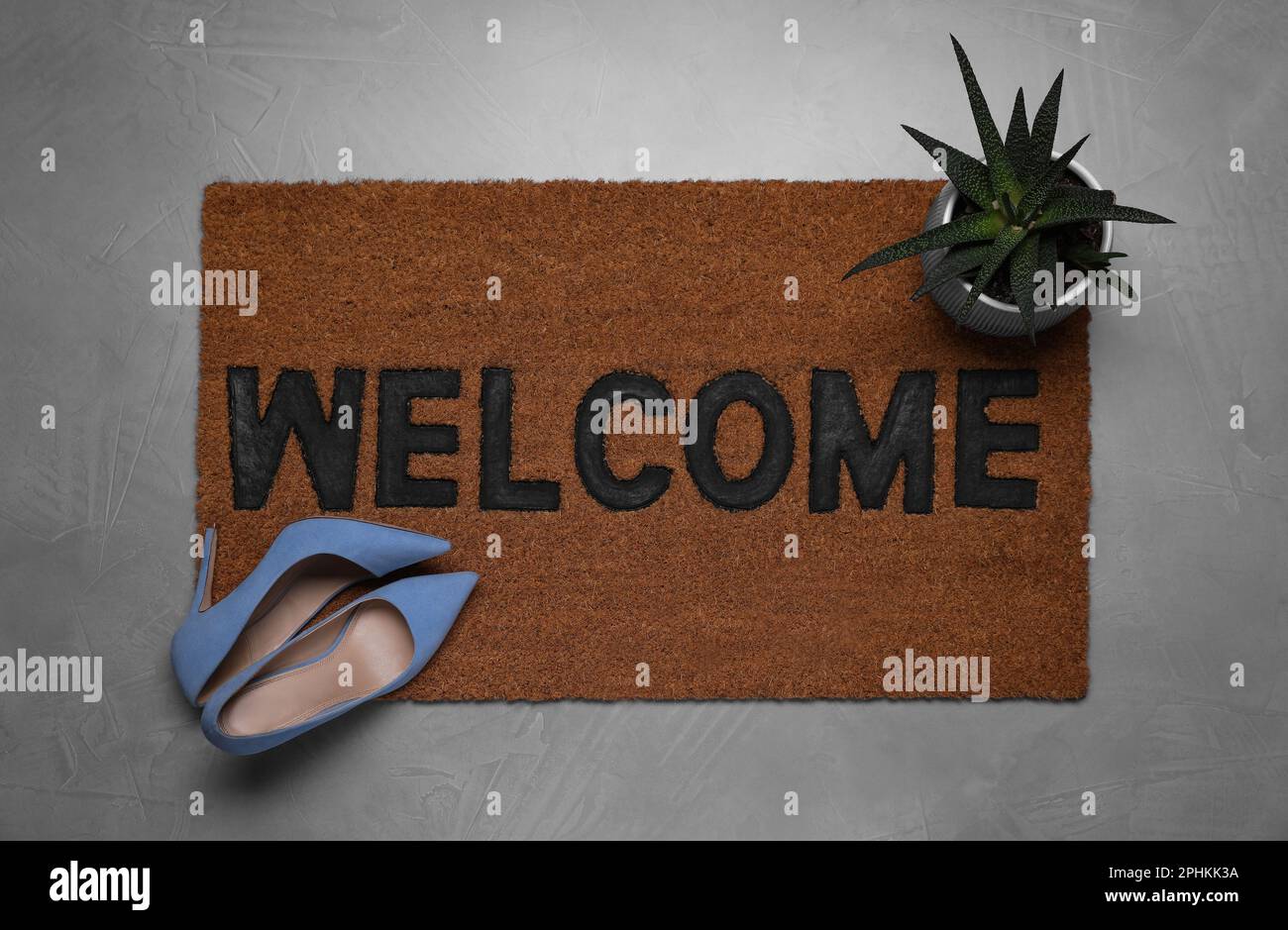 New clean mat with word WELCOME, shoes and plant on floor, top view ...