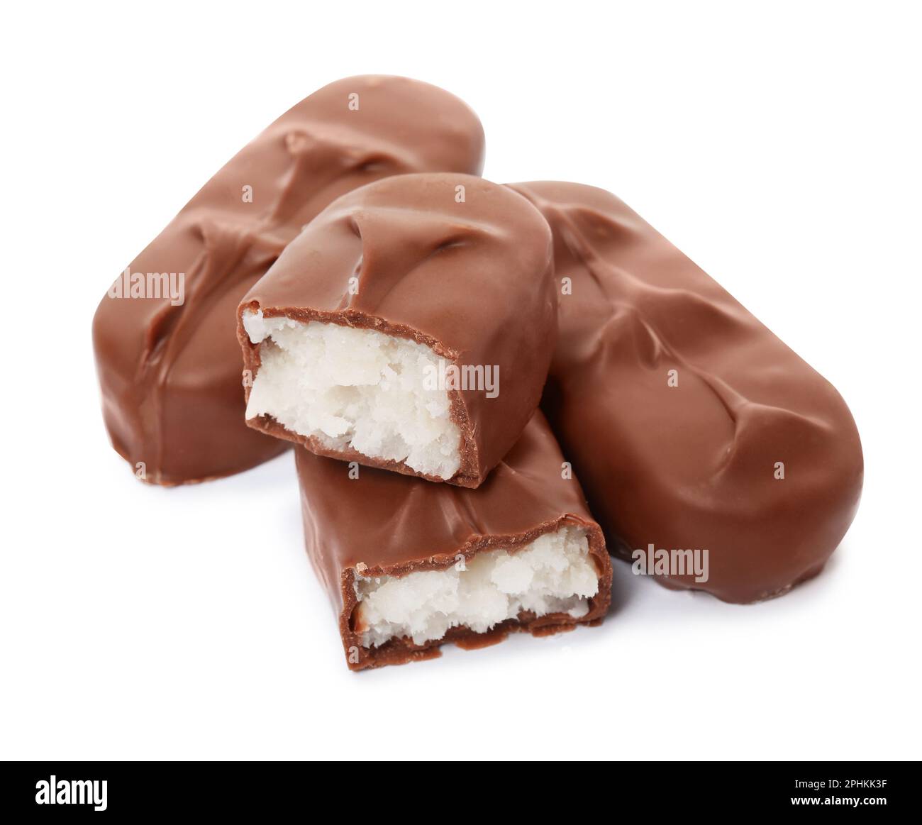 Delicious milk chocolate candy bars with coconut filling on white ...