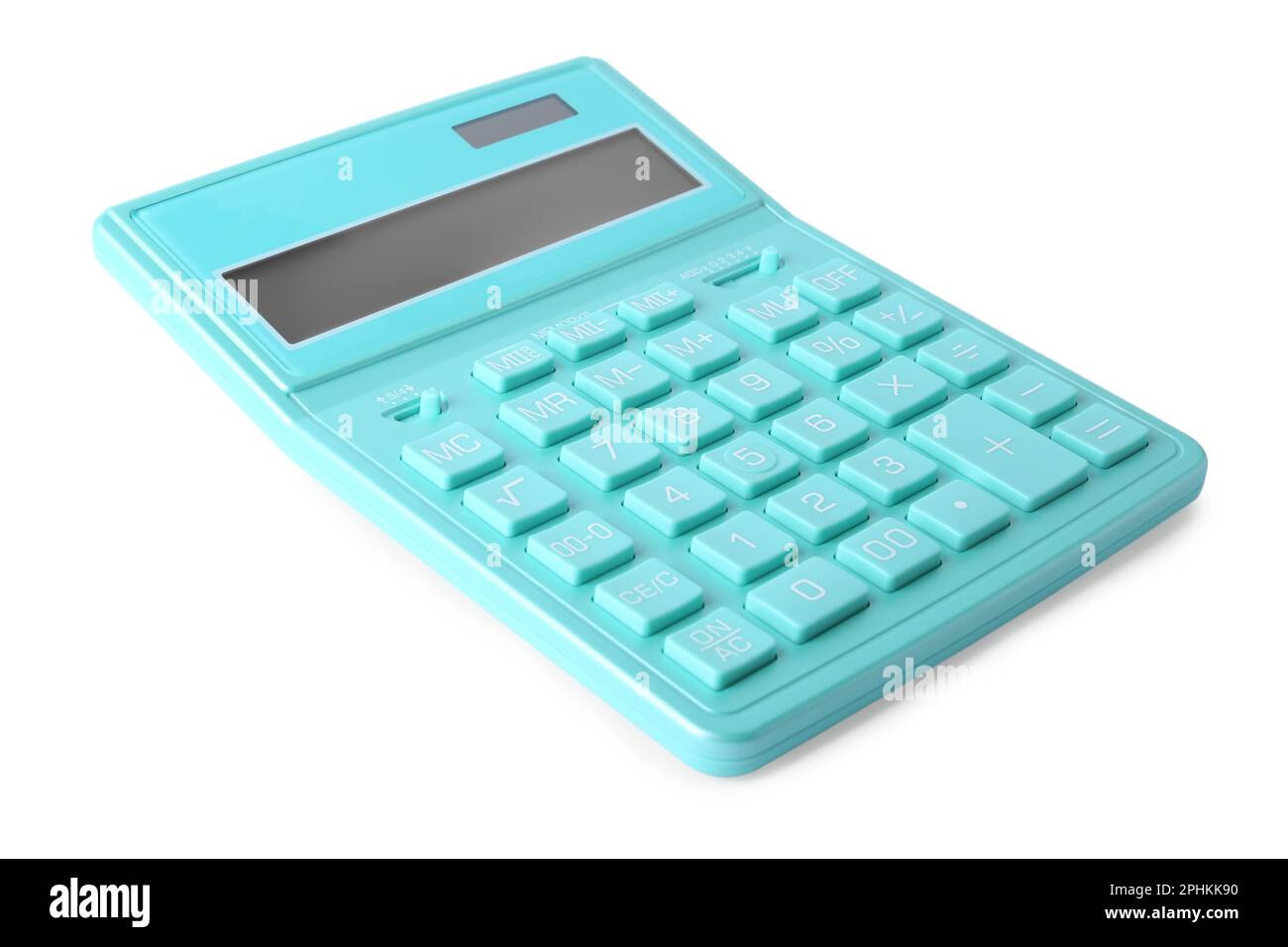 Turquoise calculator on white background. School stationery Stock Photo ...