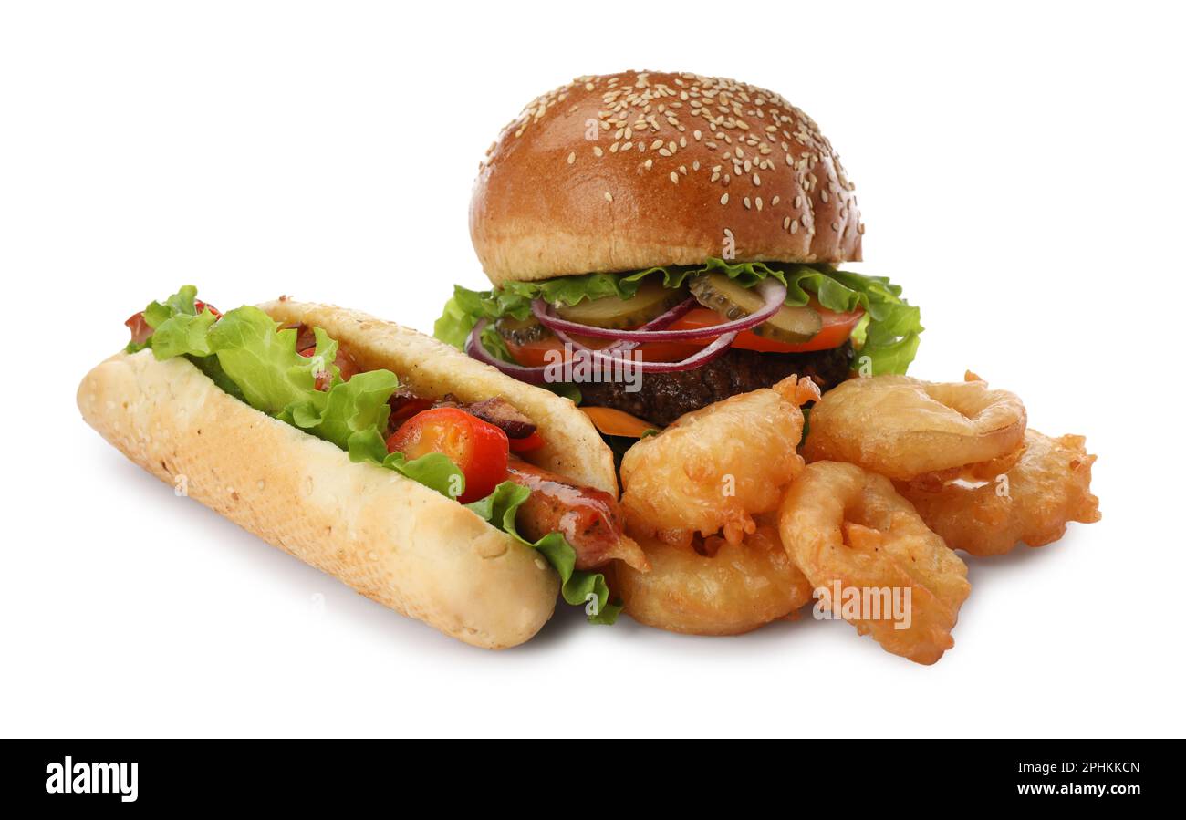 Burger, hot dog, fried onion rings on white background. Fast food Stock ...