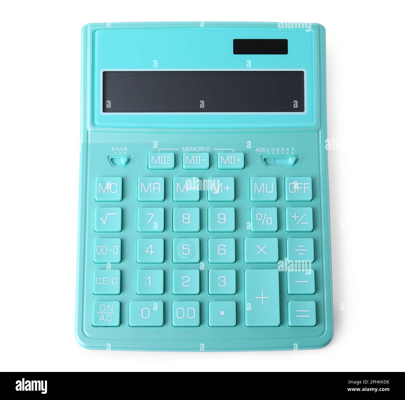 Turquoise calculator on white background, top view. School stationery ...