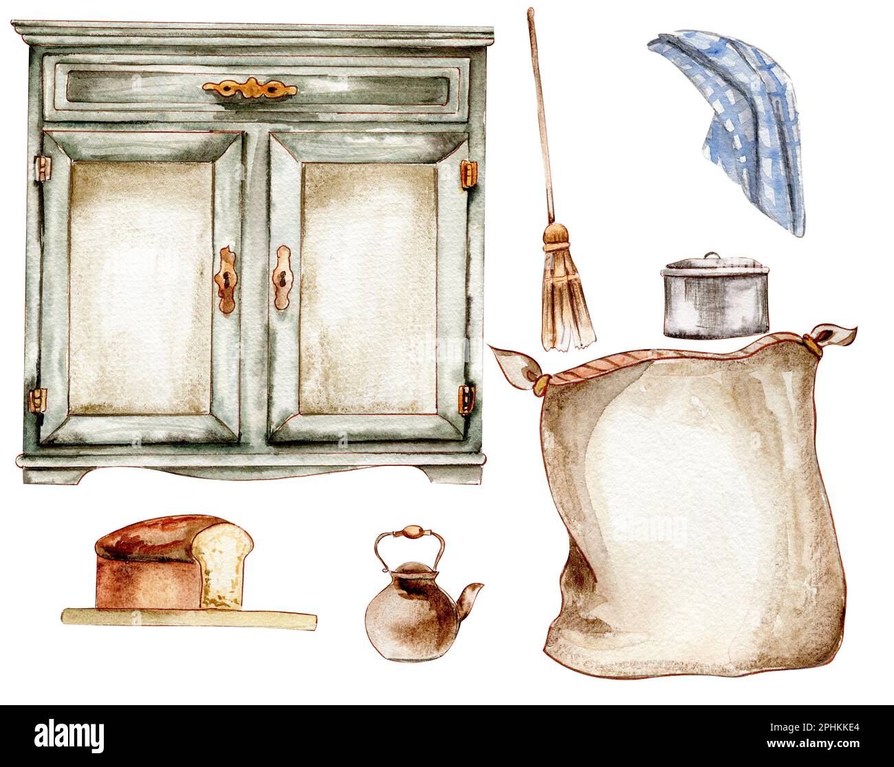 Hand drawn watercolor vintage style cupboard and home stuff. Isolated ...