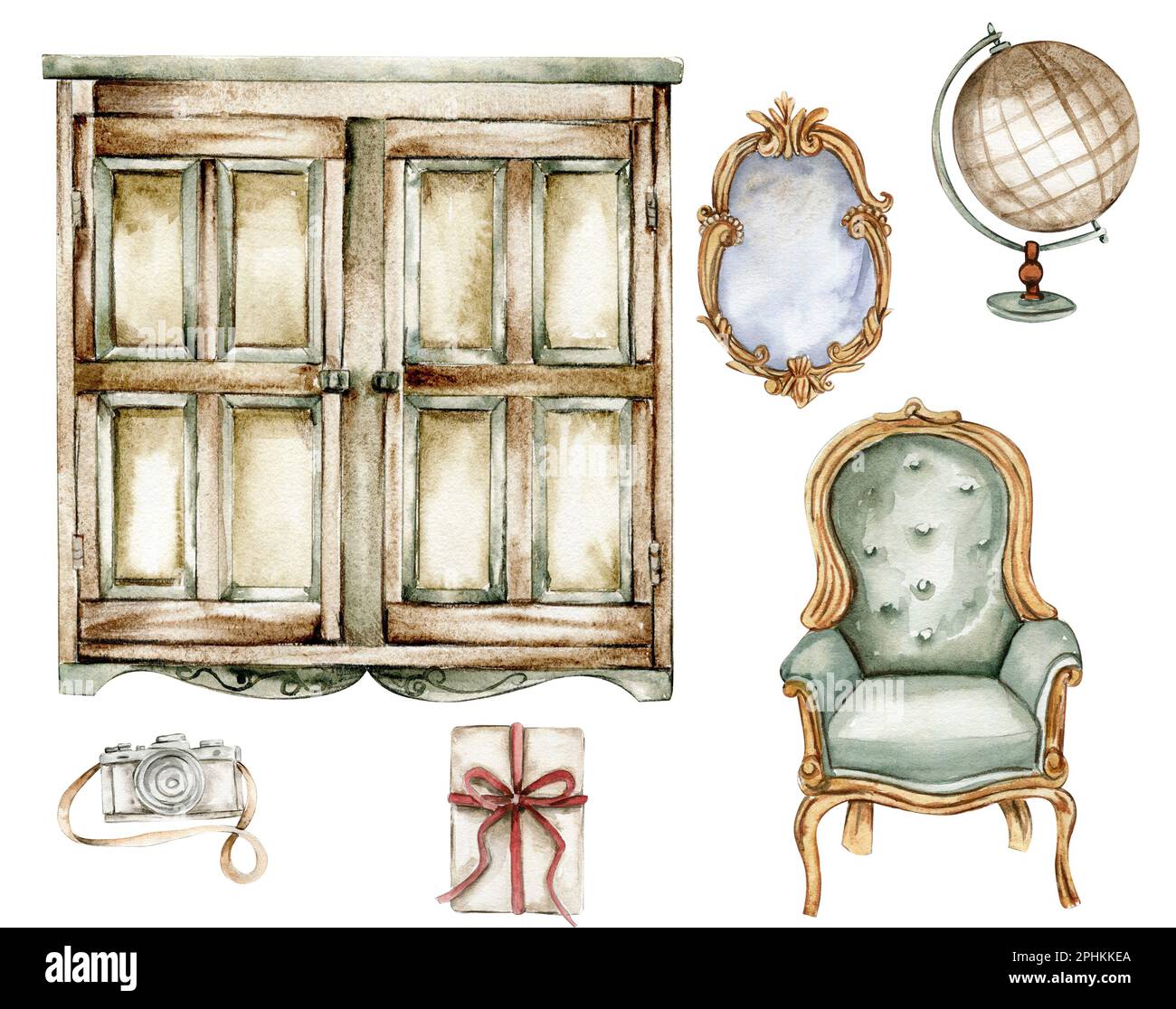 Hand drawn watercolor vintage style cupboard and home stuff. Isolated ...