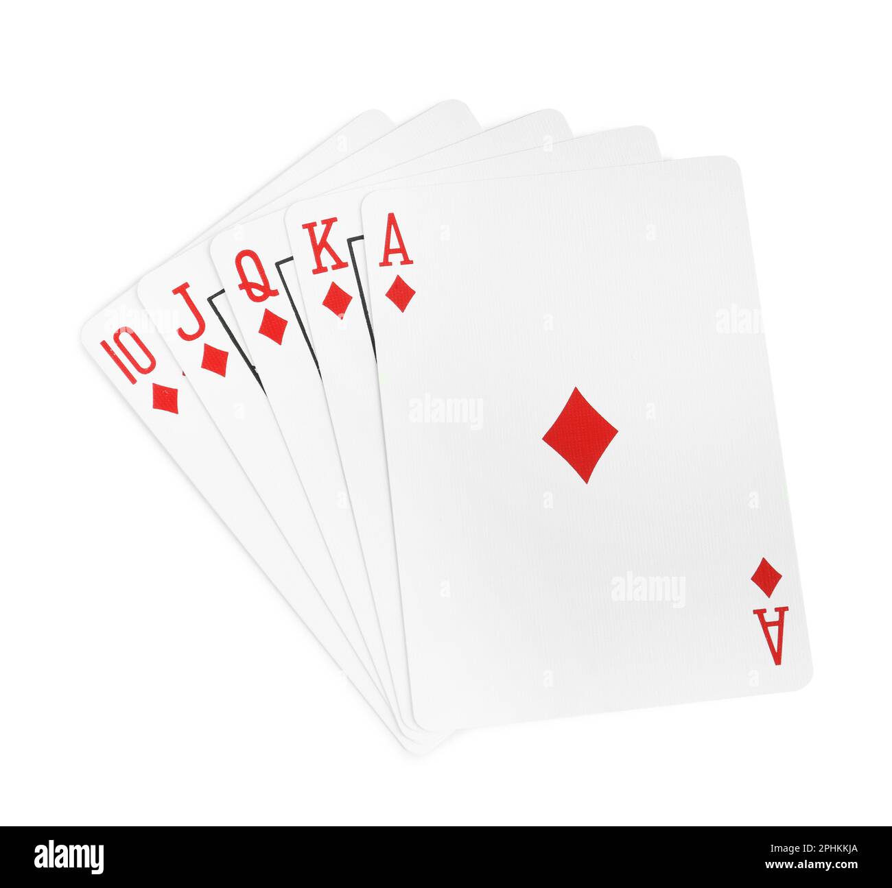 Playing cards with royal flush combination on white background, top ...