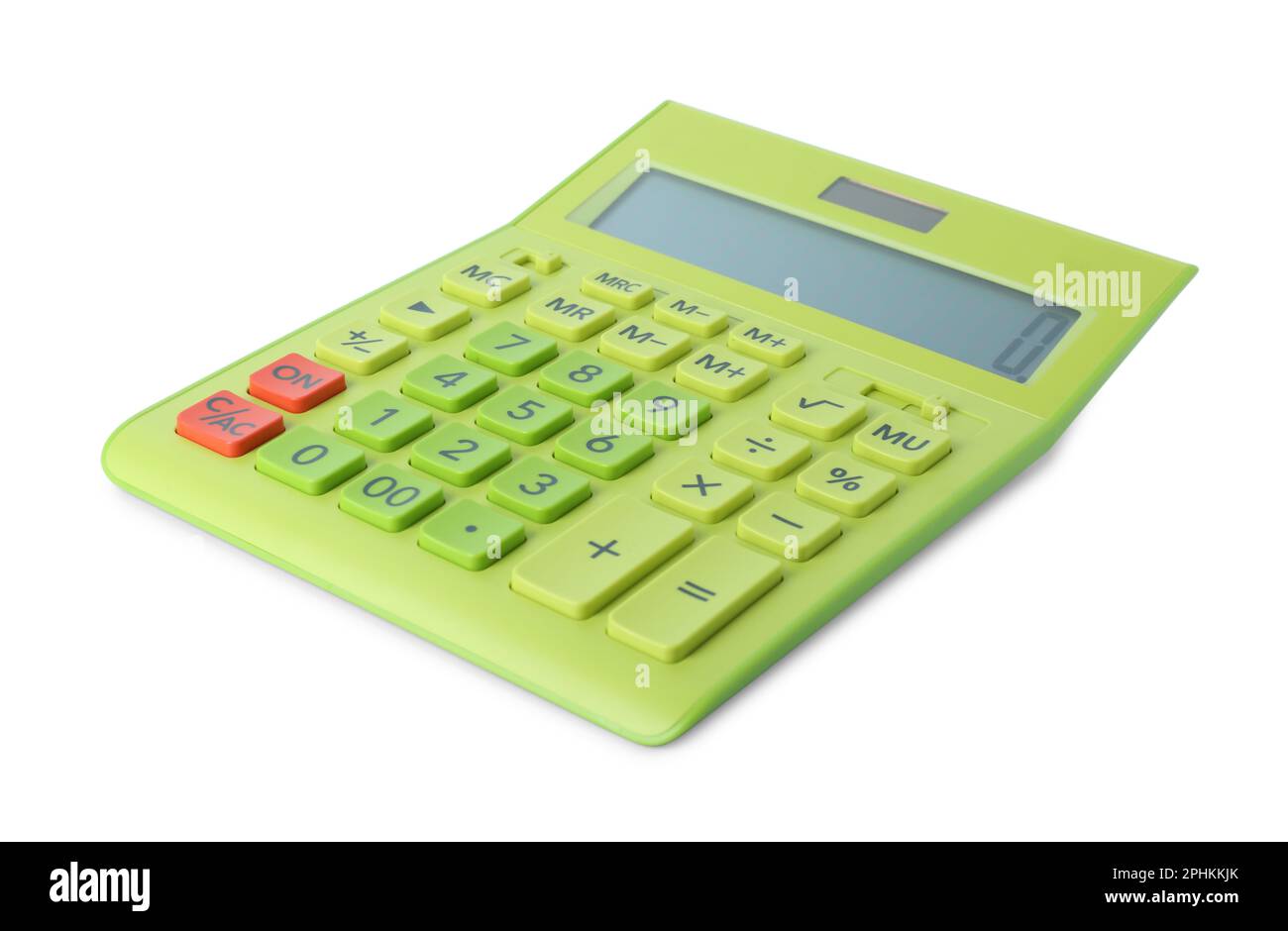 Green calculator on white background. Office equipment Stock Photo - Alamy