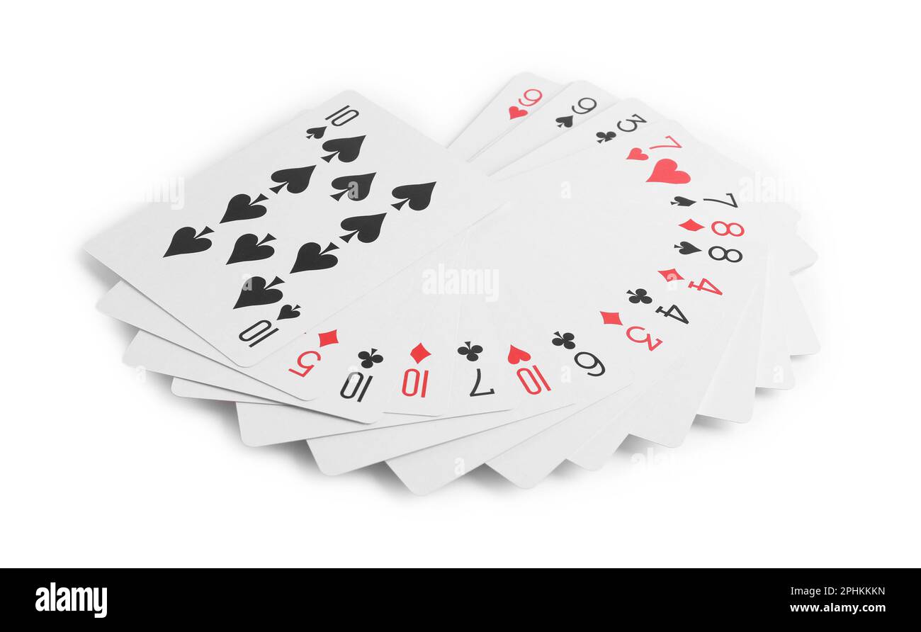 Many different playing cards on white background Stock Photo - Alamy