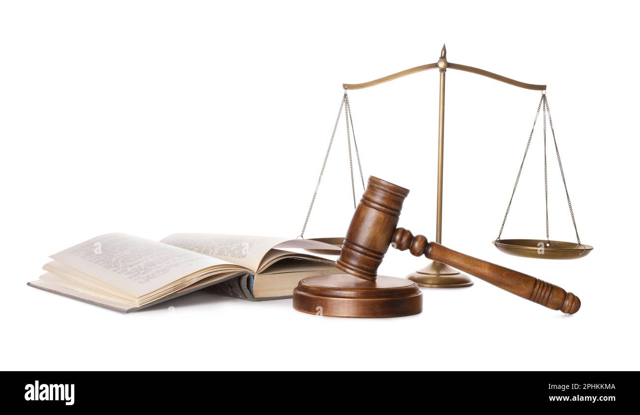 Wooden gavel, book and scales of justice on white background Stock ...