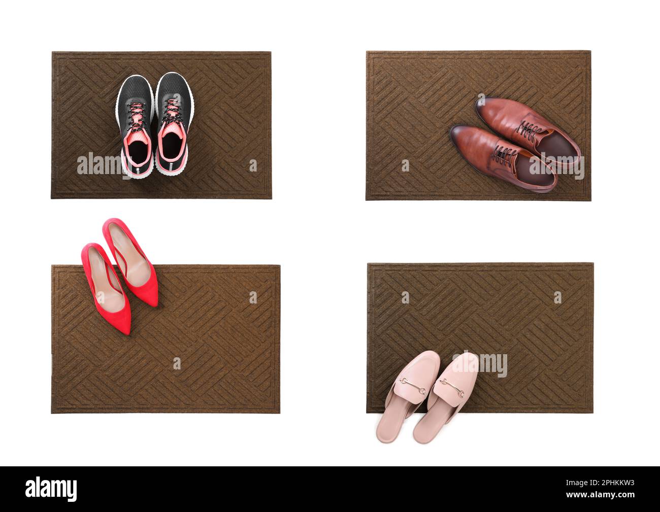 Set with door mats and different shoes on white background, top view ...