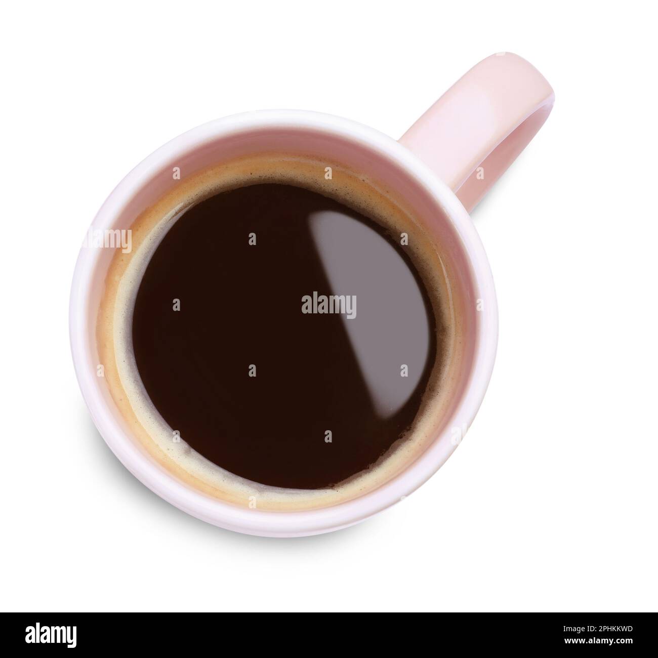 Fresh aromatic coffee in pink mug isolated on white, top view Stock ...