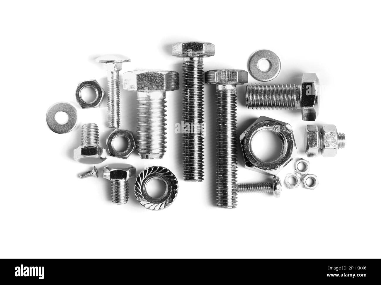 Different metal bolts and nuts on white background, top view Stock ...