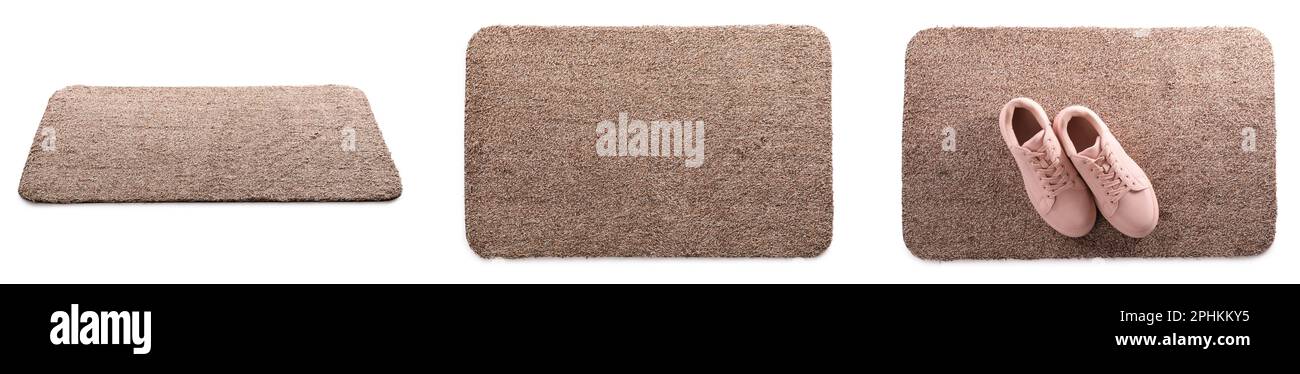 Set with door mats and shoes on white background. Banner design Stock ...
