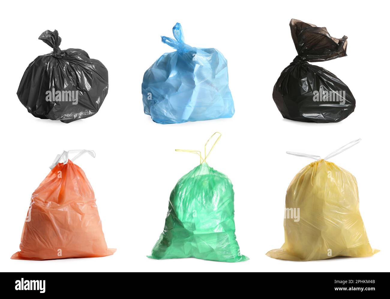 Set with different trash bags full of garbage on white background Stock ...