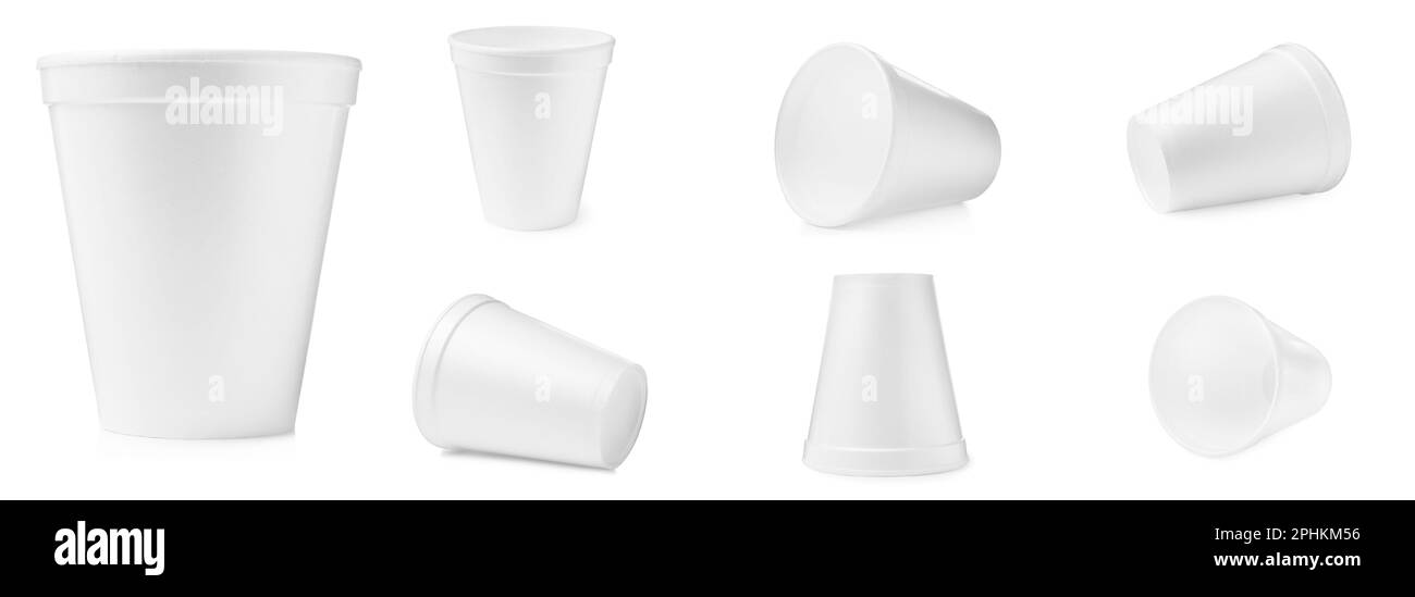 Set with styrofoam cups on white background. Banner design Stock Photo ...