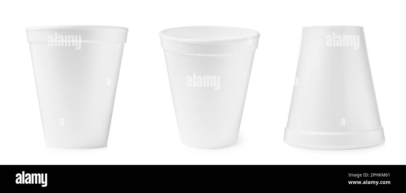 Set with styrofoam cups on white background. Banner design Stock Photo ...