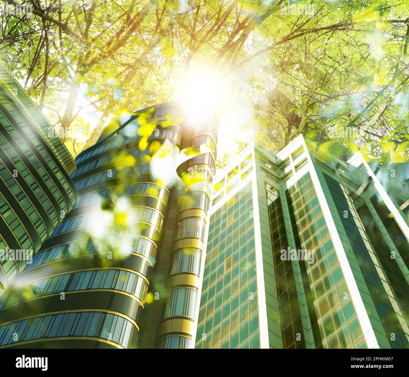 Go green concept. Low angle view of modern building and trees on sunny ...