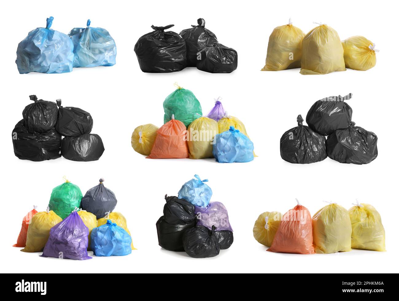 Set with different trash bags full of garbage on white background Stock ...