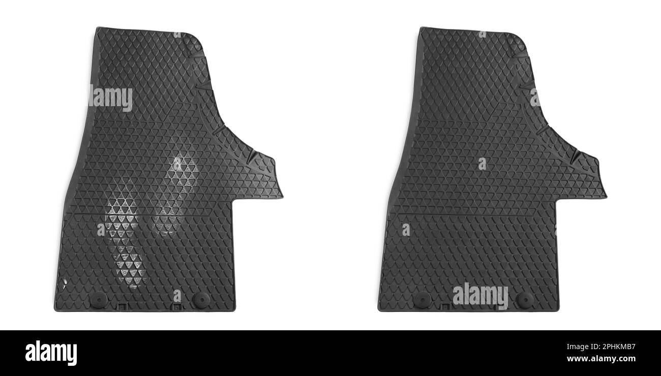 Black rubber car mats with footprints and clean one on white background ...