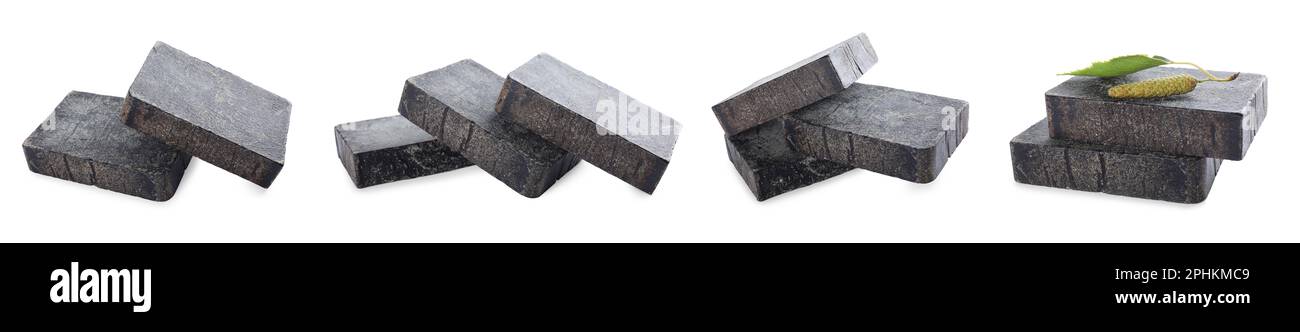 Set with tar soap bars on white background. Banner design Stock Photo ...