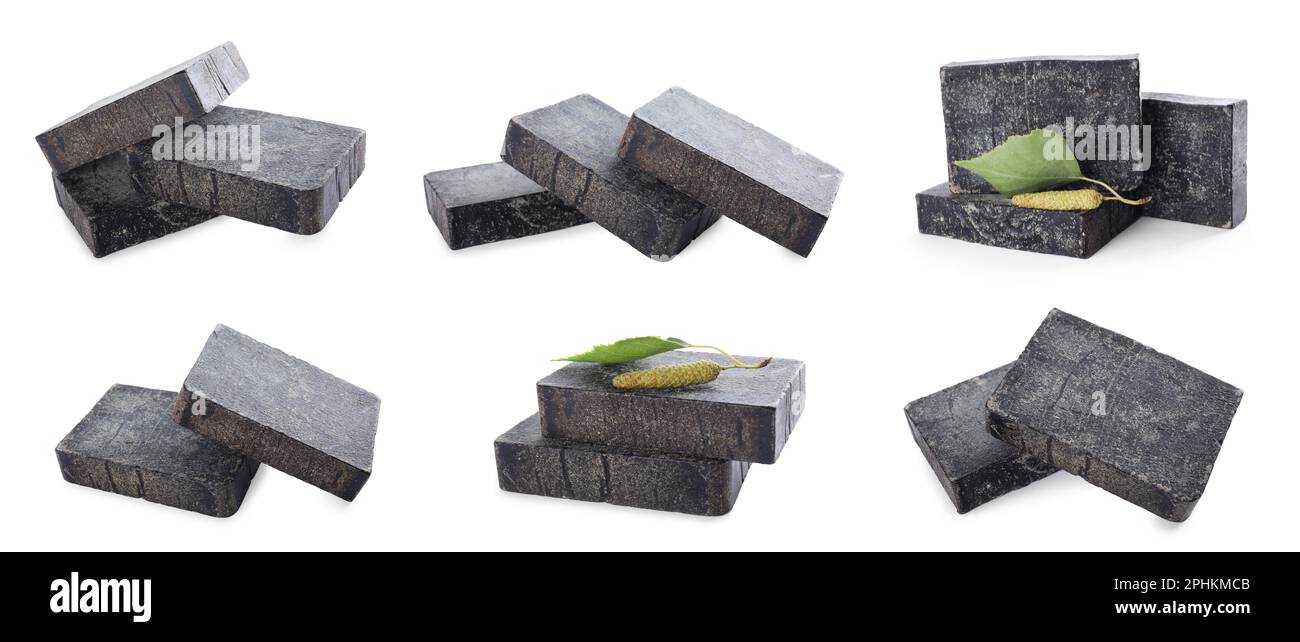Set with tar soap bars on white background. Banner design Stock Photo ...