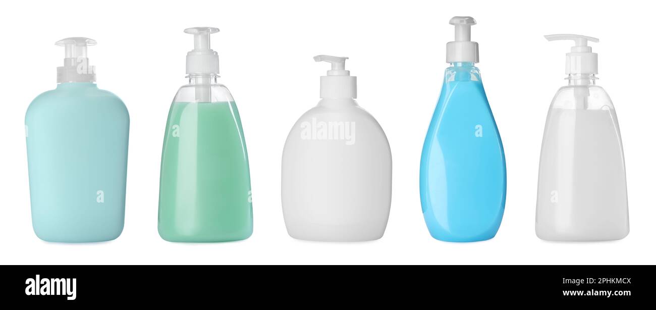 Set with different bottles of liquid soap on white background. Banner ...