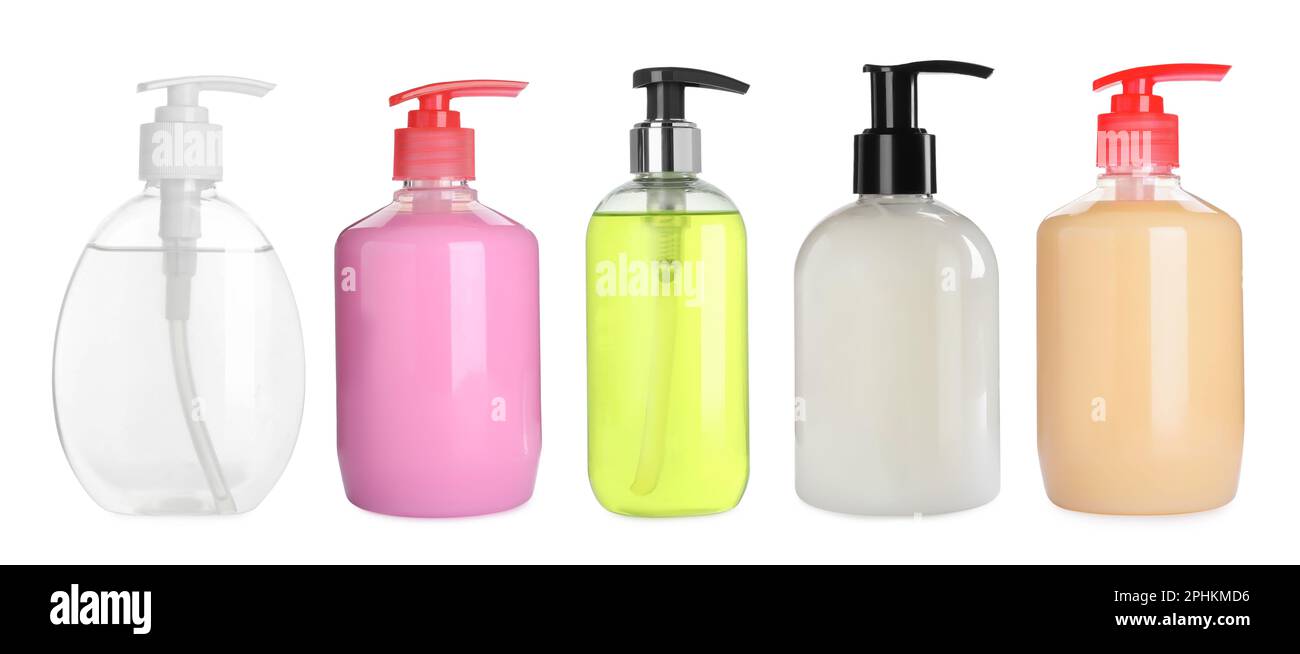 Set with different bottles of liquid soap on white background. Banner ...