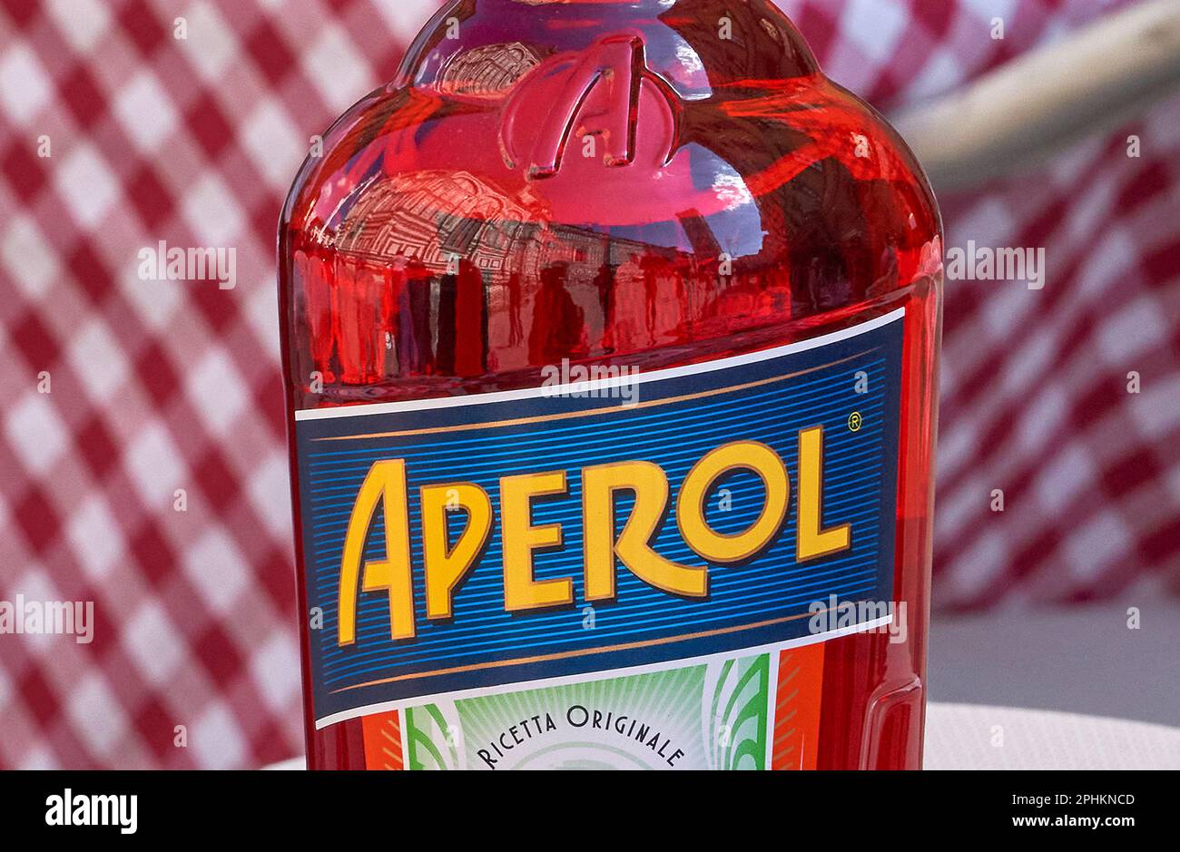A bottle of popular aperol drink in the street cafe in the center of ...