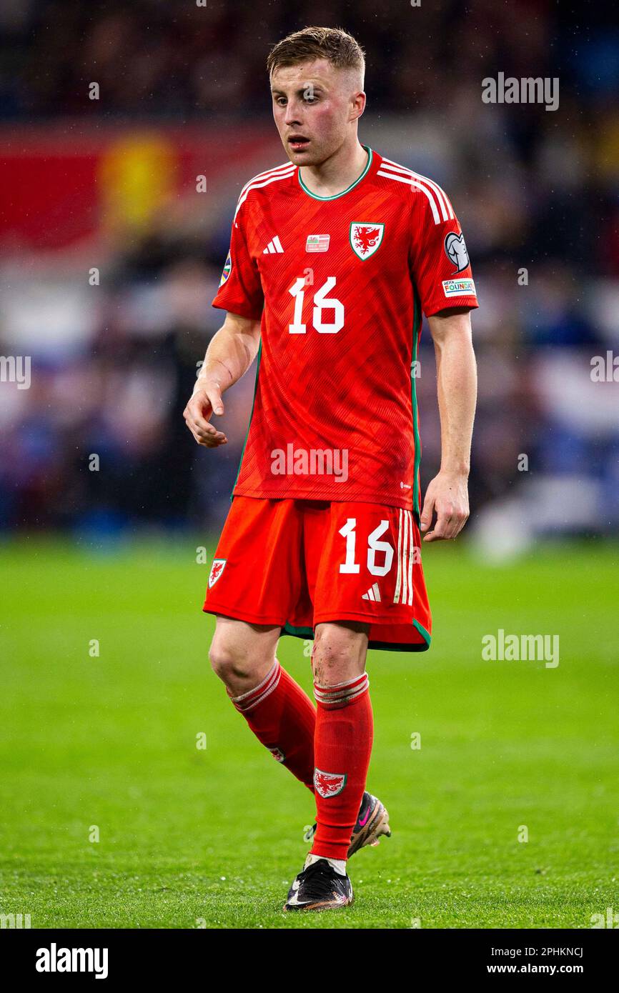 Cardiff, UK. 28/03/2023. Joe Morrell of Wales in action. Wales v Latvia ...