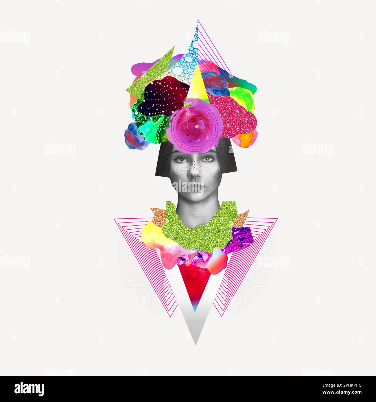 Youthful pretty girl with colorful decorations on head and shoulders ...