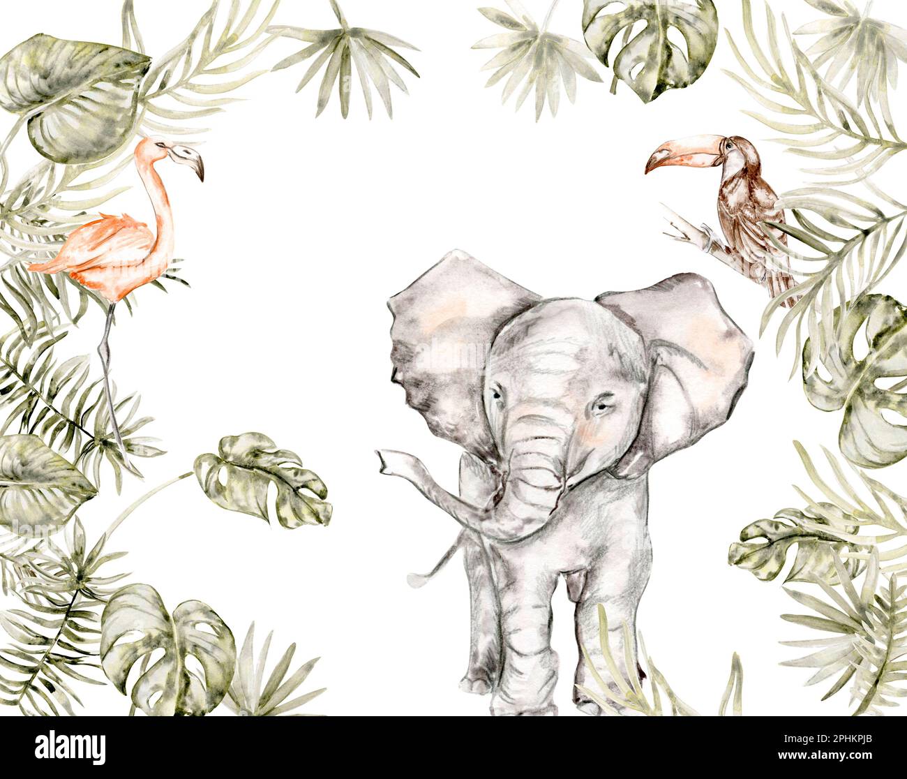 Watercolor hand drawn illustration from the jungle animals and a palm ...