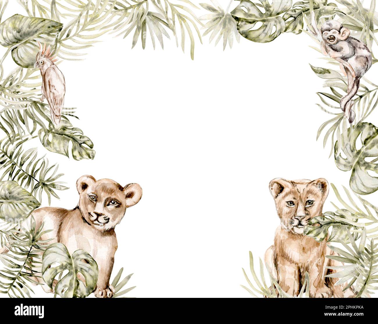 Watercolor hand drawn illustration from the jungle animals and a palm ...