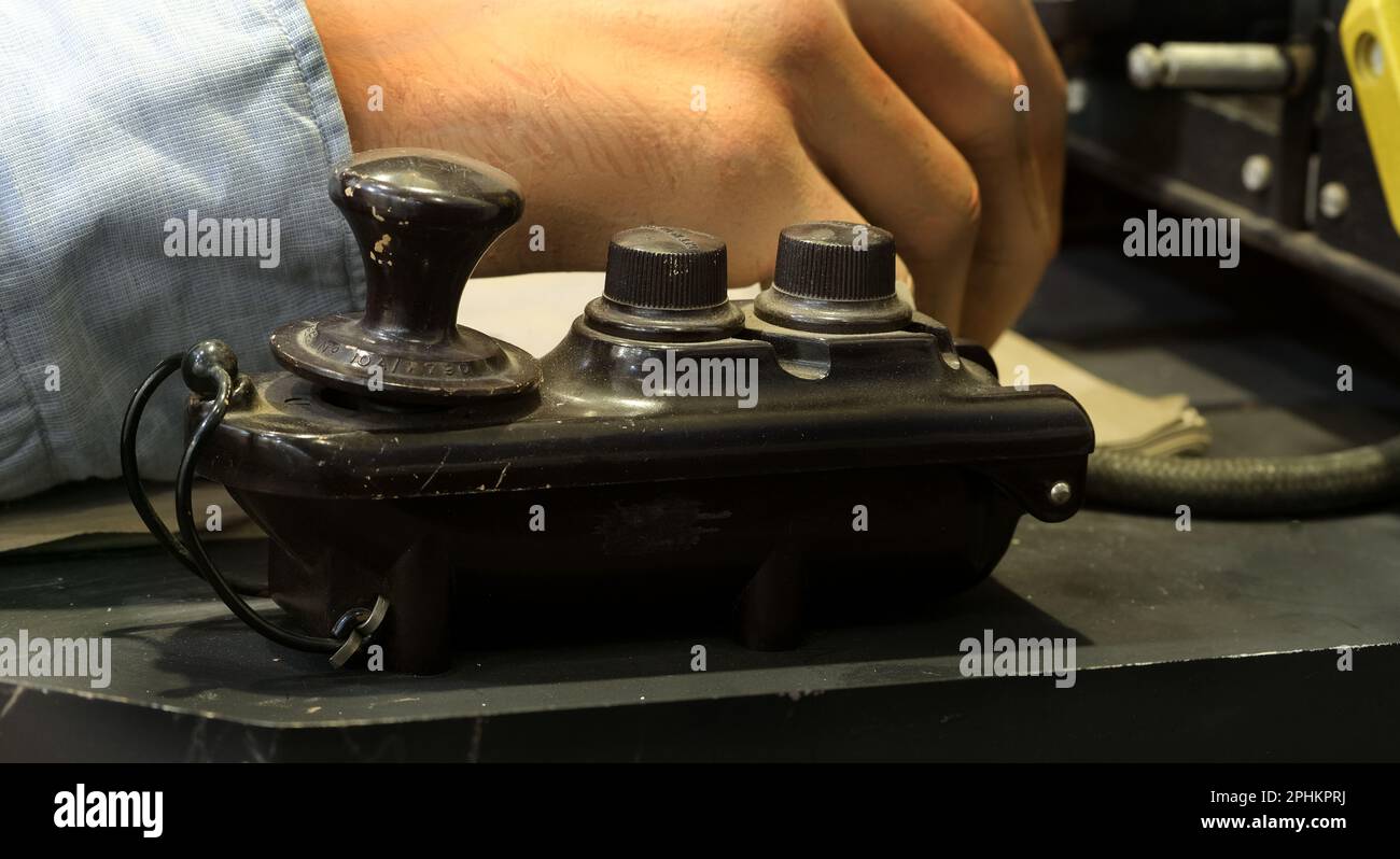 Bakelite morse key at radio operators position of British WW2 heavy ...