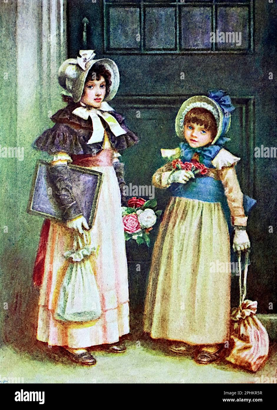 Two Girls Going to School, flowers, illustration from the book Kate ...