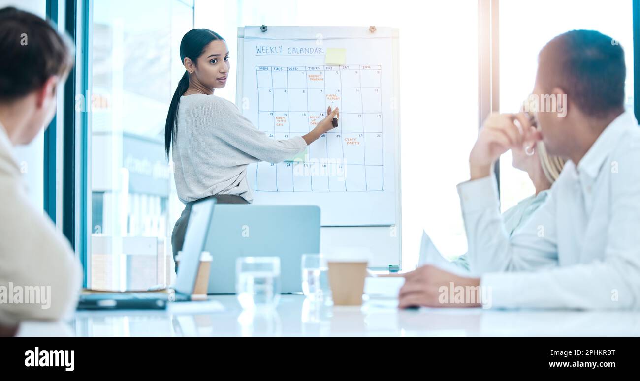 Business people, coaching and meeting on whiteboard for schedule ...