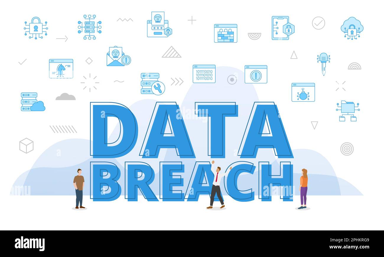 data breach technology concept with big words and people surrounded by ...
