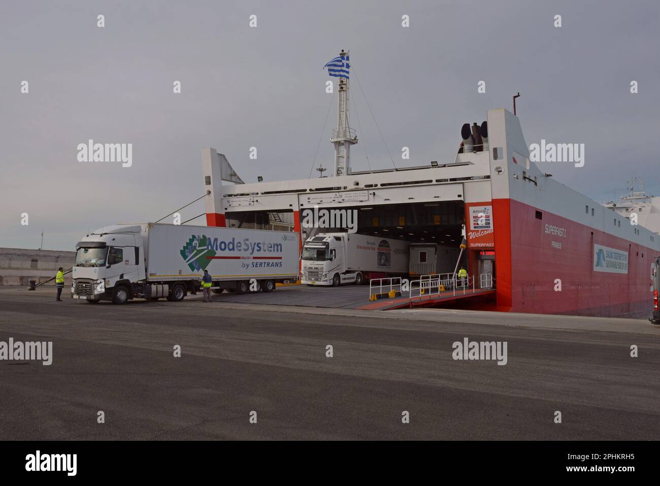 The Ro Ro cargo & passenger ferry Superfast 1, unloading trucks on the ...