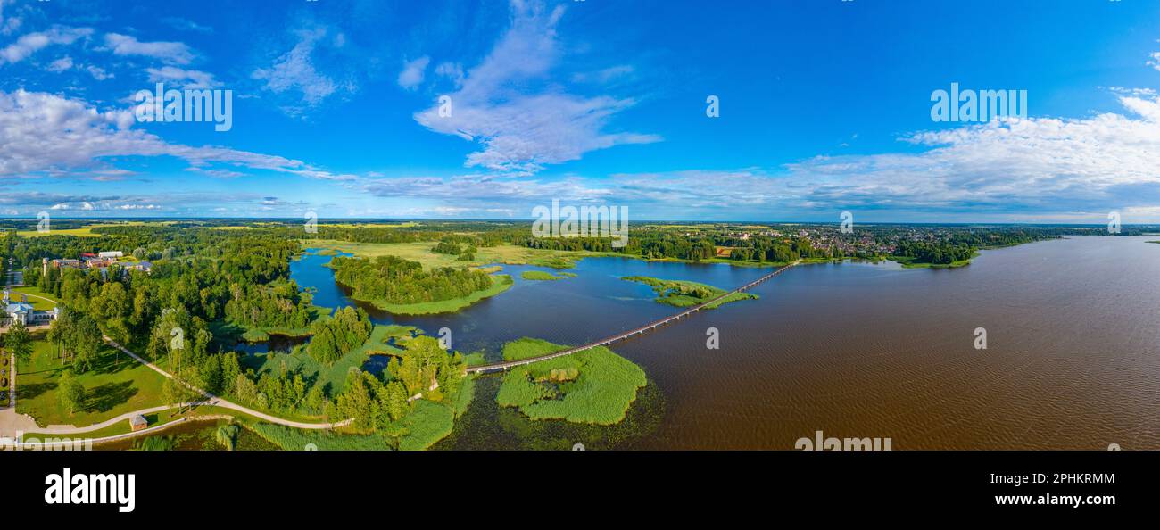 Wooden bridge over Sirvenos lake in Birzai, Lithuania Stock Photo - Alamy