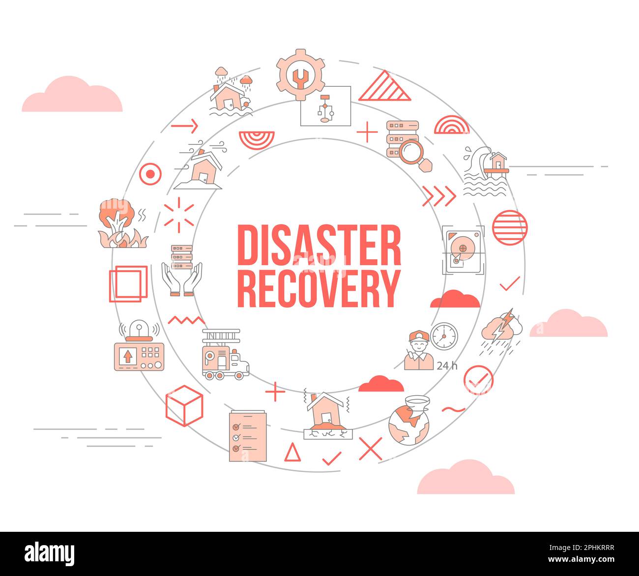 disaster recovery concept with icon set template banner and circle round shape vector ...