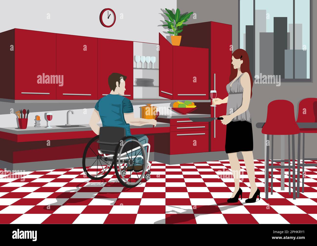 A couple doing the cooking. A disabled man doing the cooking at home ...