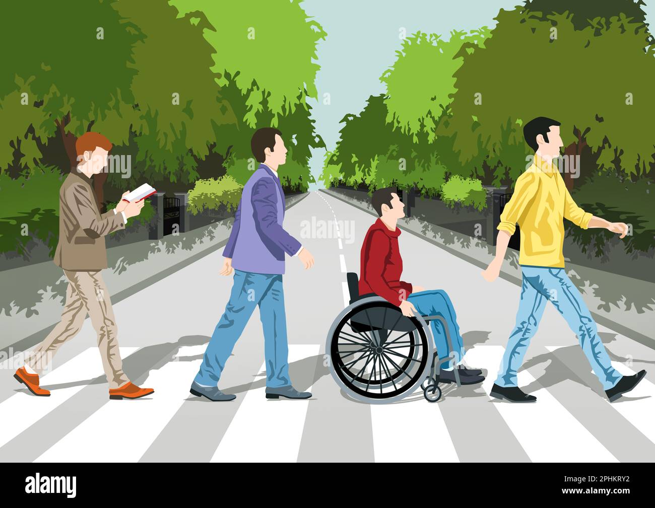 Four men crossing a street on a pedestrian crossing, one of them in a ...