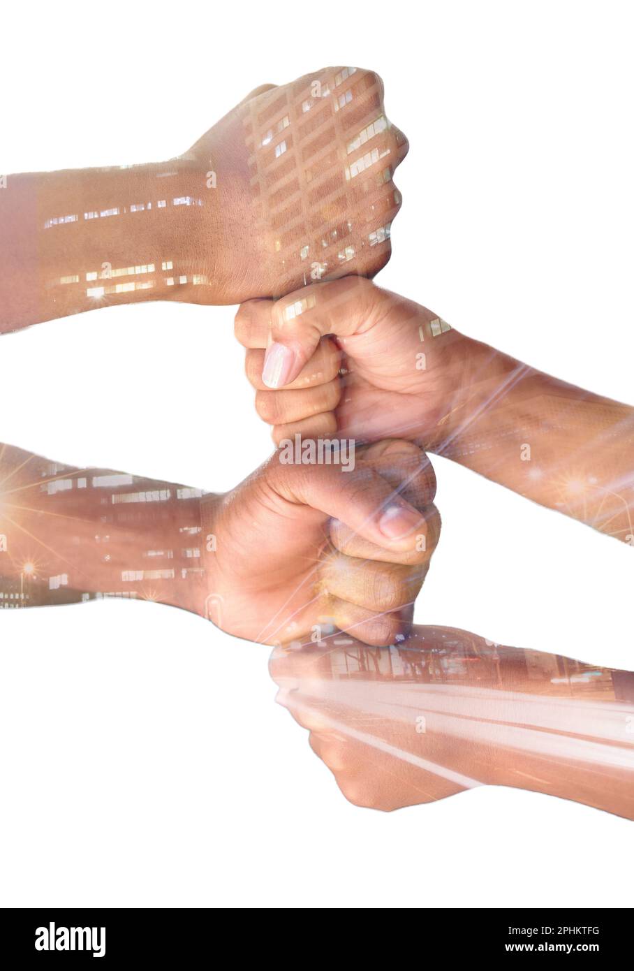 Overlay, hands and collaboration with a team isolated on a white ...
