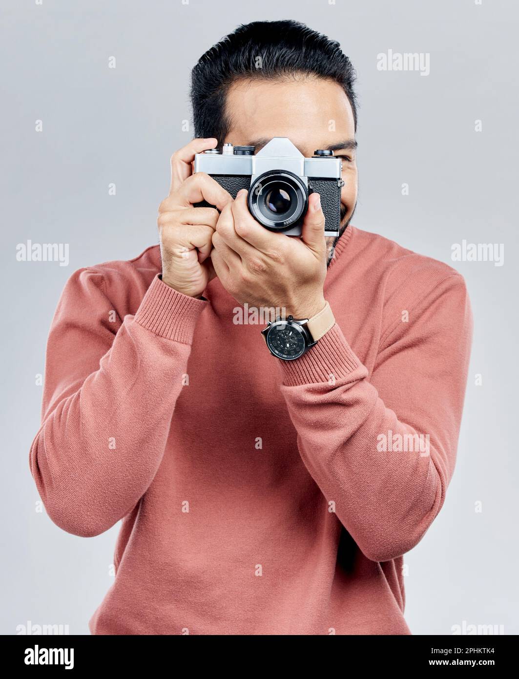 Man with camera, photography and artist, taking picture with art ...