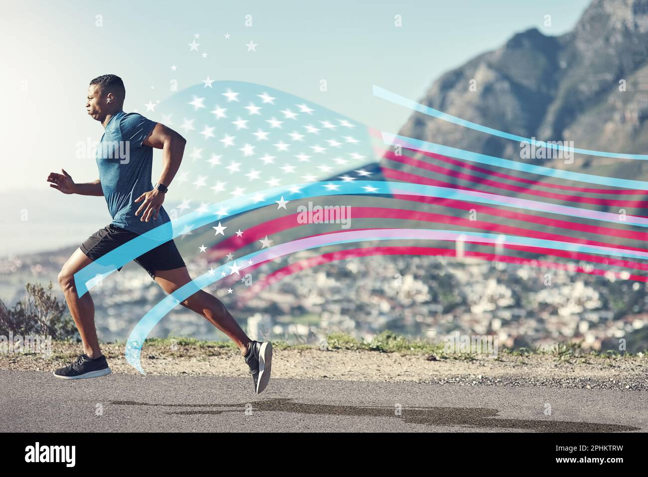 American flag, running and man with challenge for sports, cross country ...