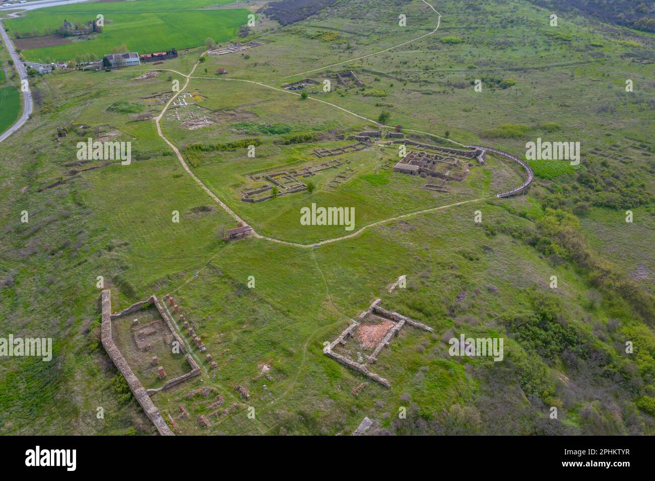 Aerial view of ruins of thracian town Kabile near Yambol, Bulgaria ...