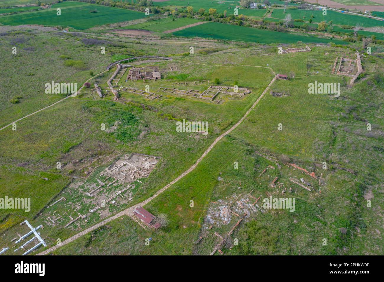 Aerial view of ruins of thracian town Kabile near Yambol, Bulgaria ...