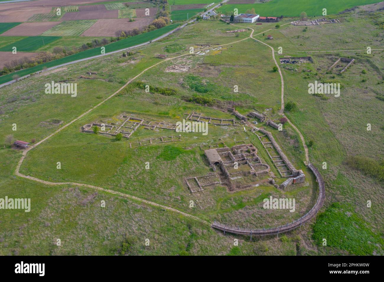 Aerial view of ruins of thracian town Kabile near Yambol, Bulgaria ...