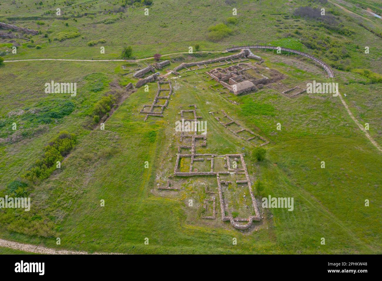 Aerial view of ruins of thracian town Kabile near Yambol, Bulgaria ...